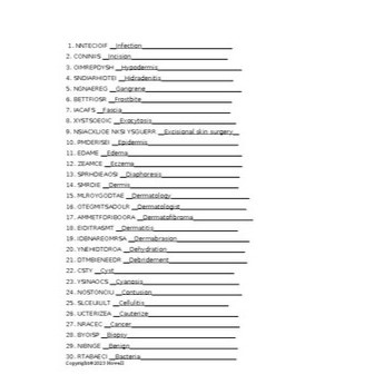 Integumentary System Vocabulary I Word Scramble for Medical Terminology ...