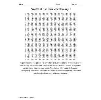 Skeletal System Vocabulary I Word Search for Medical Terminology ...