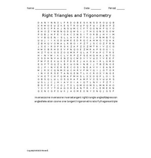 Right Triangles And Trigonometry In Geometry Vocabulary Word Search