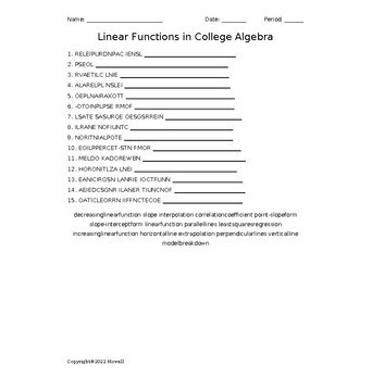 Linear Functions in College Algebra Vocabulary Word Scramble - Amped Up ...