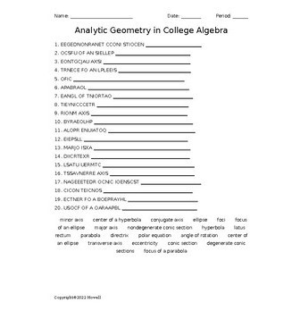 Analytic Geometry in College Algebra Vocabulary Word Scramble - Amped ...
