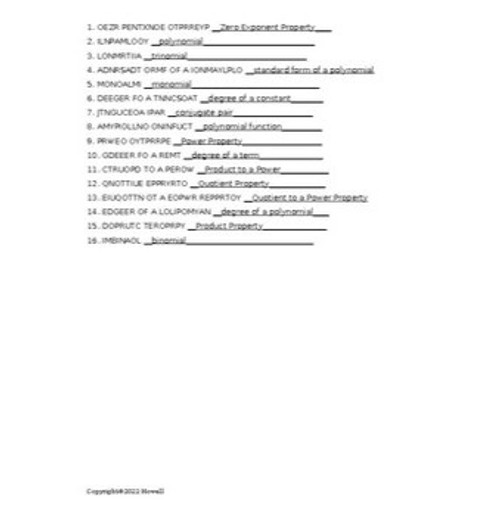 Polynomials And Polynomial Functions In Intermediate Algebra Word