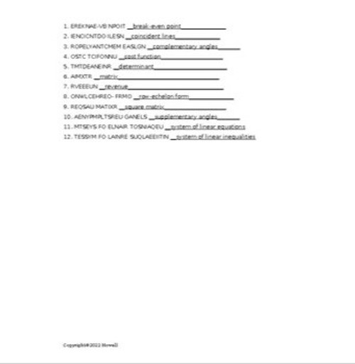 Systems Of Linear Equations In Intermediate Algebra Vocabulary Word