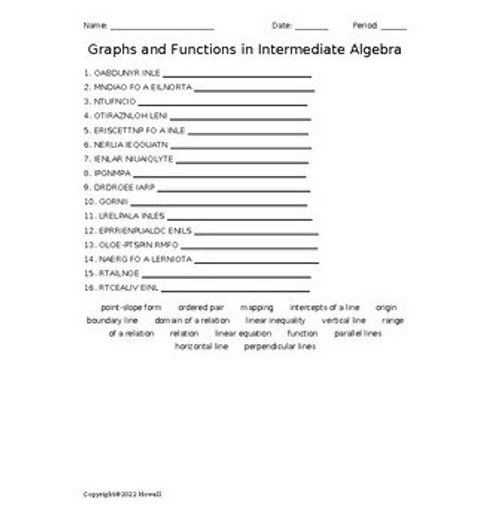 Graphs And Functions In Intermediate Algebra Vocabulary Word Scramble