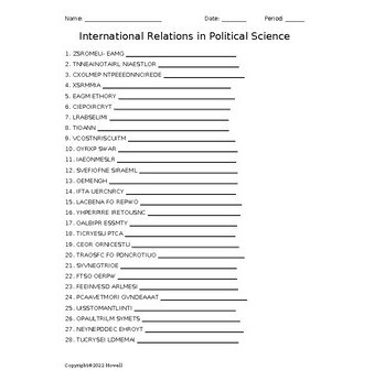 International Relations in Political Science Vocabulary Word Scramble ...
