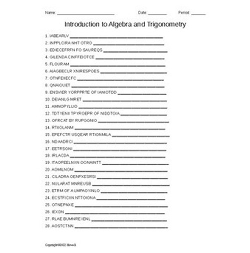 Introduction To Algebra And Trigonometry Vocabulary Word Scramble