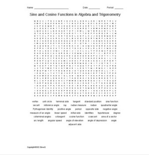 Sine And Cosine Functions In Algebra And Trigonometry Word Search