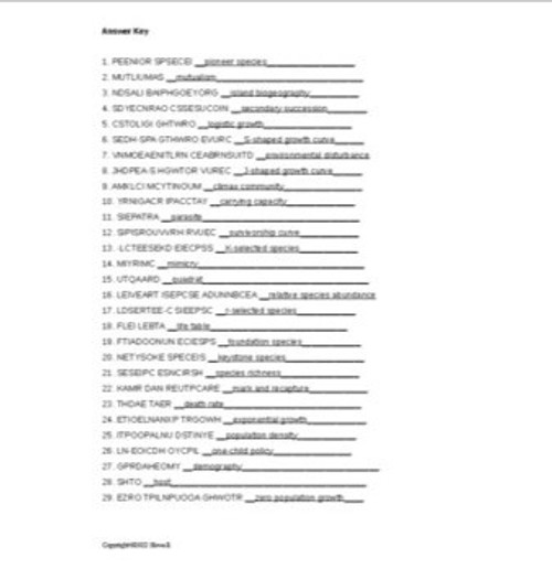 Population And Community Ecology Word Scramble For An Intro To Biology