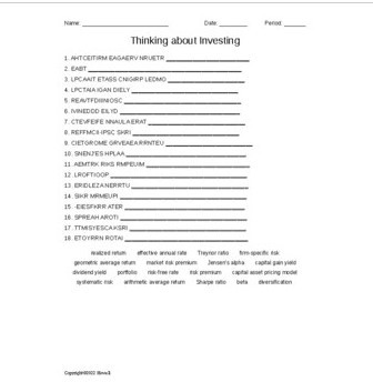 Investing Vocabulary Word Scramble for a Course in Finance - Amped Up ...