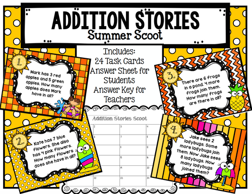 Addition Stories Summer Task Cards Scoot Word Problems - Amped Up Learning