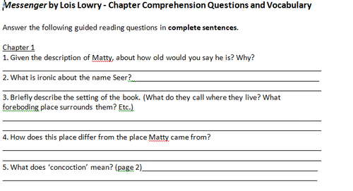 Messenger by Lois Lowry Guided Reading Questions