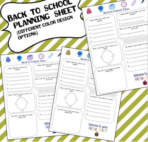 Back to School Plan Sheet (Various Colors) (Individual Counseling ...