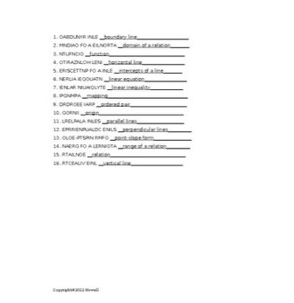 Graphs And Functions In Intermediate Algebra Vocabulary Word Scramble