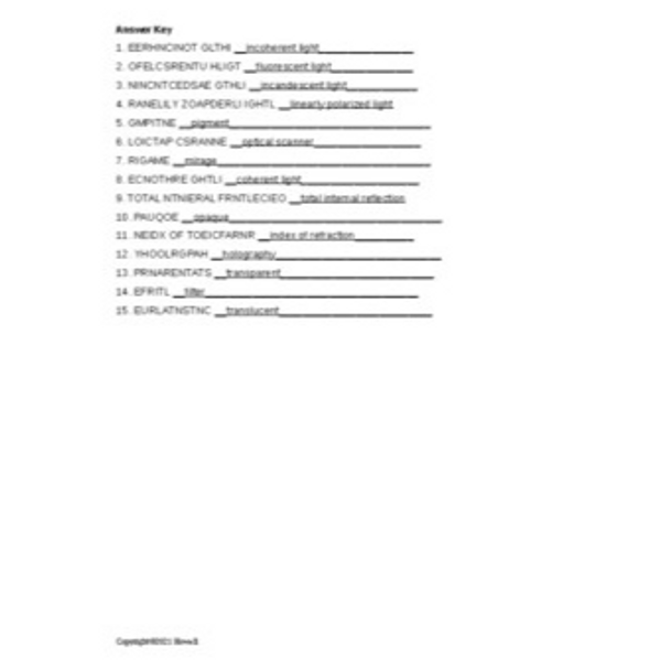 Light Word Scramble For Physical Science Amped Up Learning
