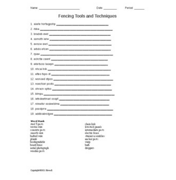 Fencing Tools And Techniques Word Scramble Amped Up Learning