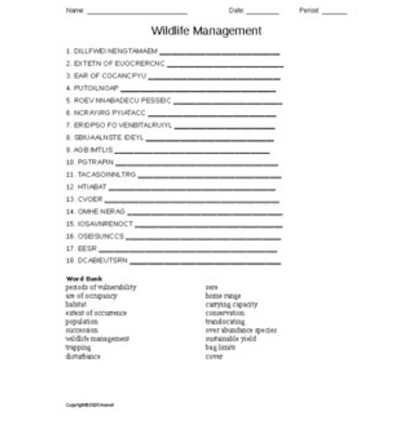 Wildlife Management Word Scramble Amped Up Learning