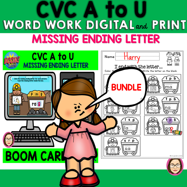 CVC A to U WORD WORK MISSING ENDING LETTER DIGITAL and PRINT BUNDLE