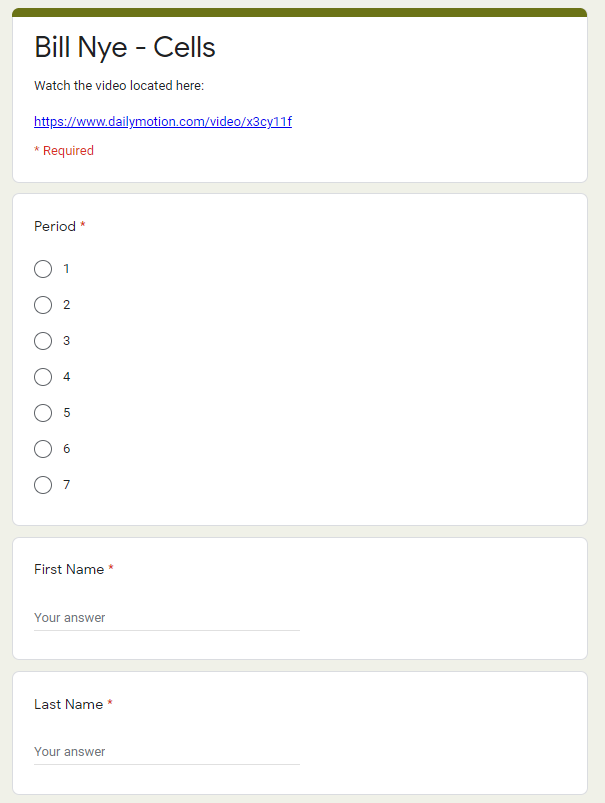 Video Analysis - Bill Nye - Cells (MS-LS1) Google Form AND Doc