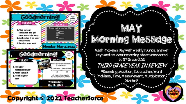 Math Problem a Day Third Grade March Editable Morning Message Solve It