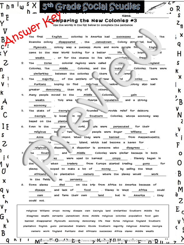 Comparing the New Colonies Cloze/Fill In Blank#3~Social Studies Weekly ...