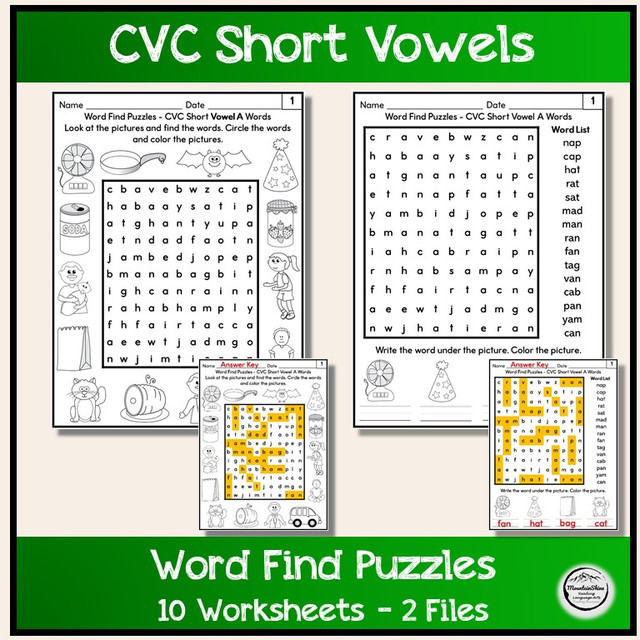 Word Find Puzzles CVC Short Vowel