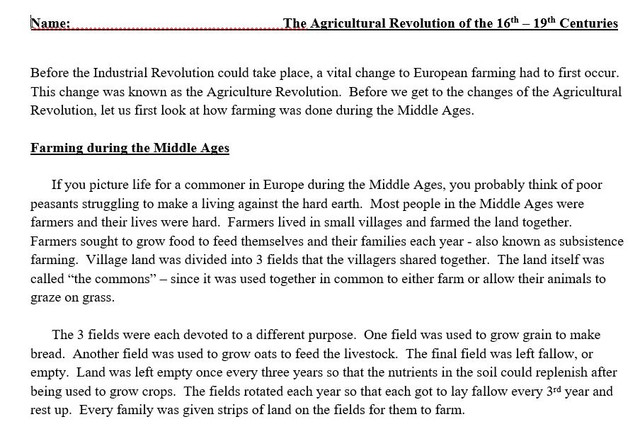 Agricultural Revolution Article and Illustrated Chart