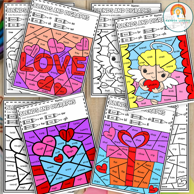 Valentines Day Color By Code | Valentines Day Worksheets | Blends and ...