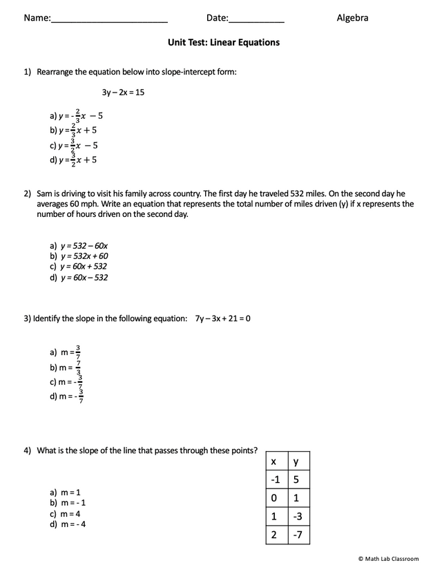 Linear equations unit test, assessment