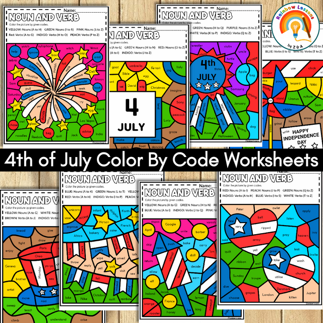 4th of July Color By Code | 4th of July Coloring Pages | Noun and Verb ...