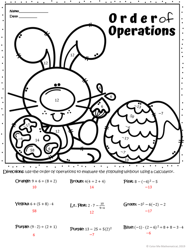 EASTER BUNNY - Basic Algebra Color by Number Worksheets - Amped Up Learning