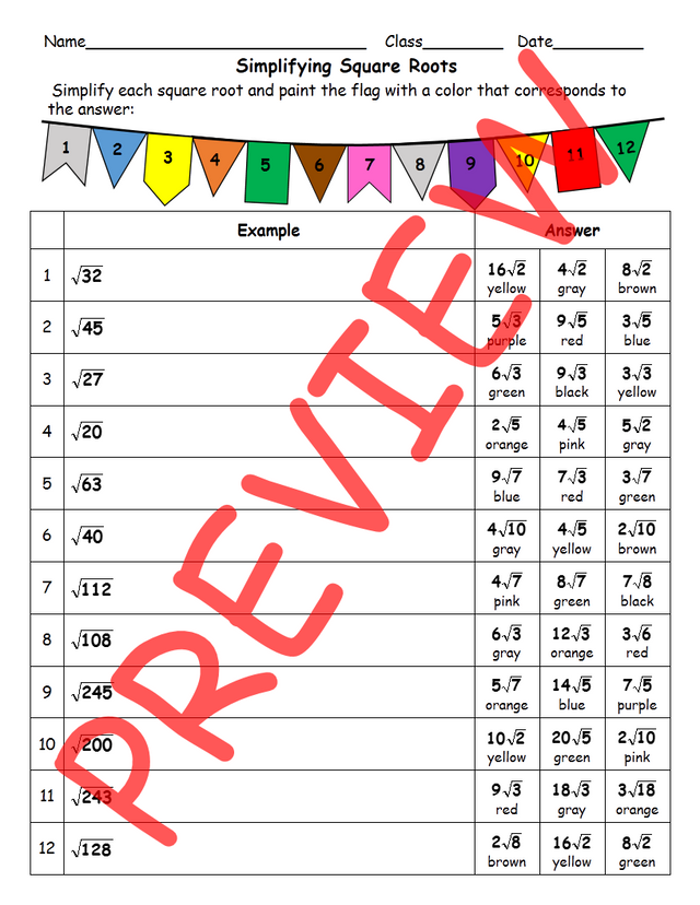 Simplifying Square Roots (Coloring Activity) - Amped Up Learning