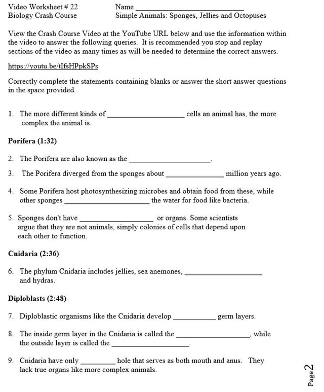 Crash Course Biology Video Worksheet 22 Simple Animals: Sponges ...