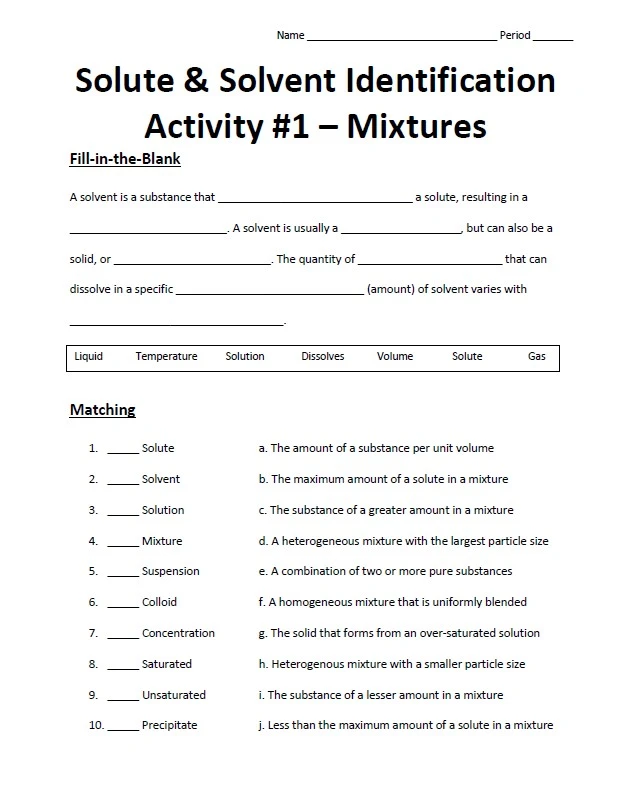 Solute & Solvent Identification Activity #1 - Mixtures - Amped Up Learning