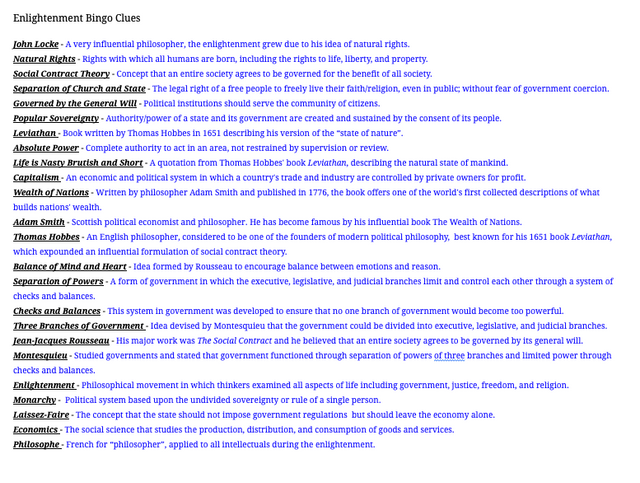 Age of Enlightenment Bingo - Amped Up Learning