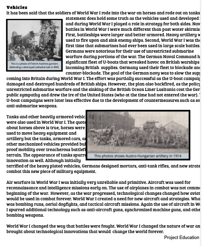 Technology of World War I Reading and Worksheet