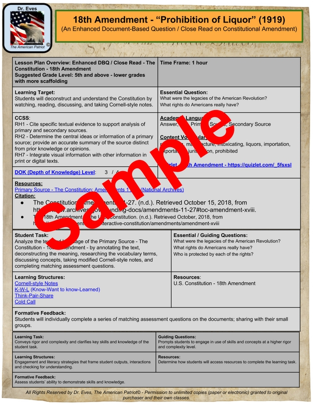 18th Amendment - "Prohibition of Liquor" - Enhanced DBQ - Close Read (PDF)