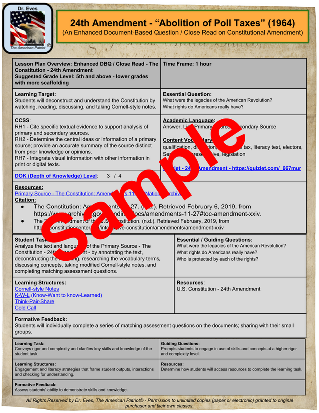 24th Amendment - "Abolition of Poll Taxes" - Enhanced DBQ - Close Read ...