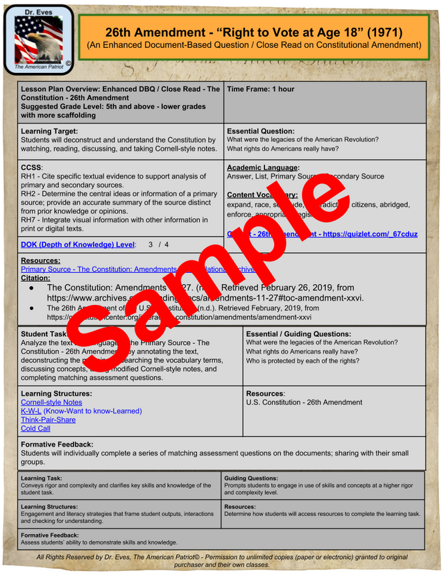 26th Amendment - "Right to Vote at Age 18" - Enhanced DBQ - Close Read ...
