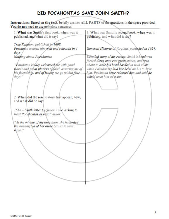 Did Pocahontas Save John Smith? An Investigation and Essay Activity ...