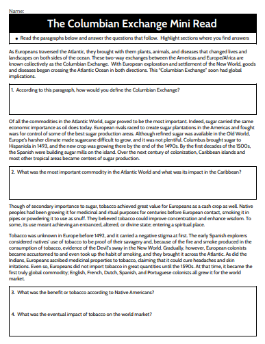 Columbian Exchange Reading
