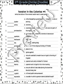 Tension in the Colonies~Match'Em Vocab #4~Social Studies Weekly~NO PREP