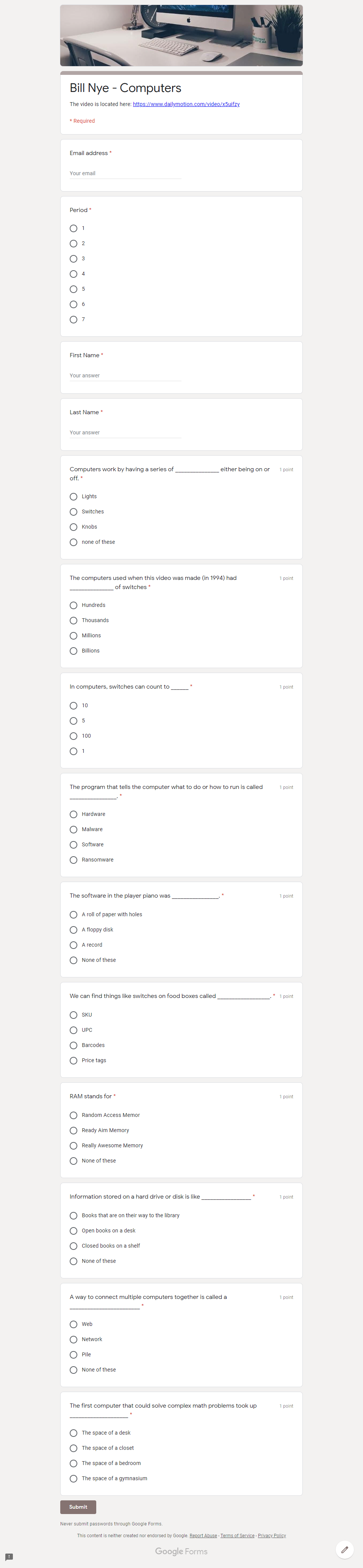 Bill Nye - Computers Google Form (Great sub plans or distance learning!)