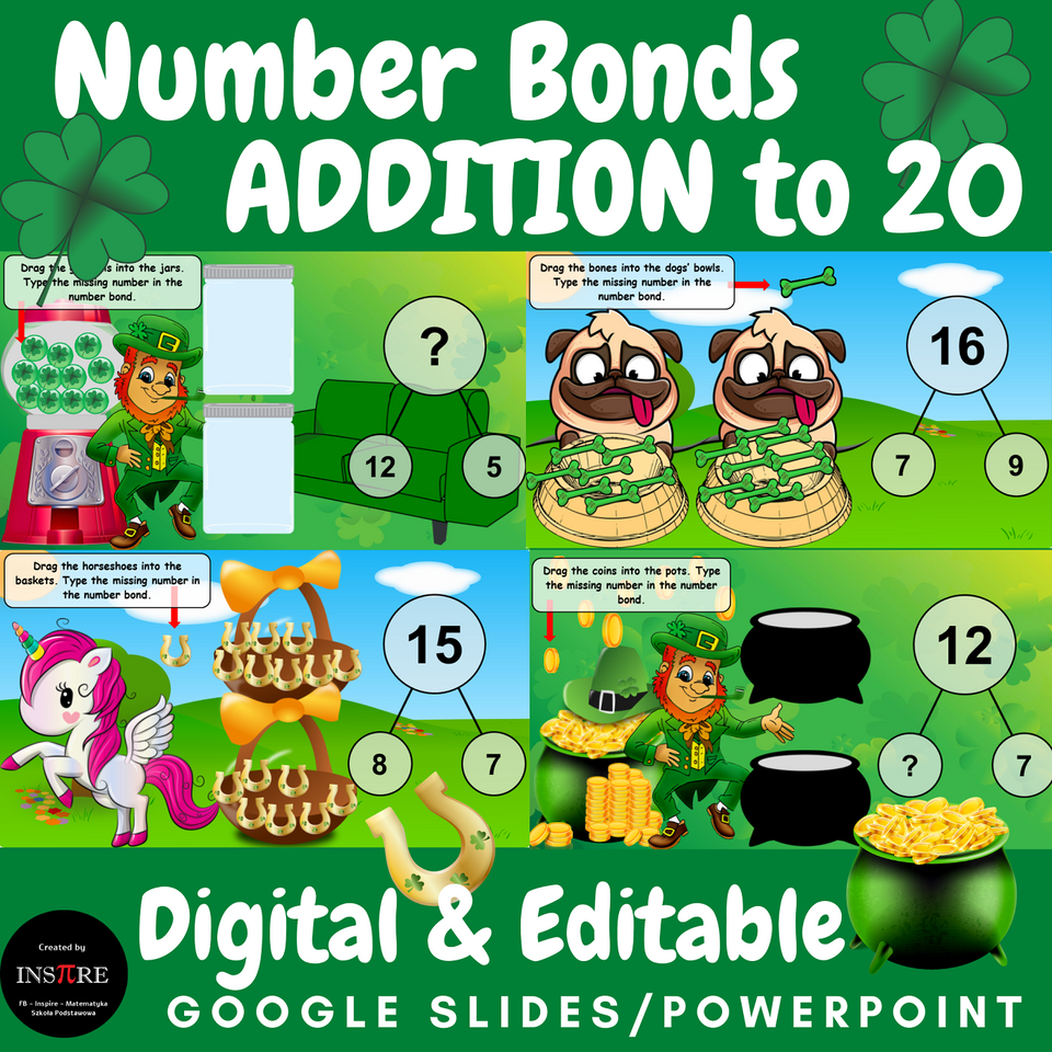 DIGITAL Number Bonds ADDITION to 20 St. Patrick's Day EDITABLE in ...