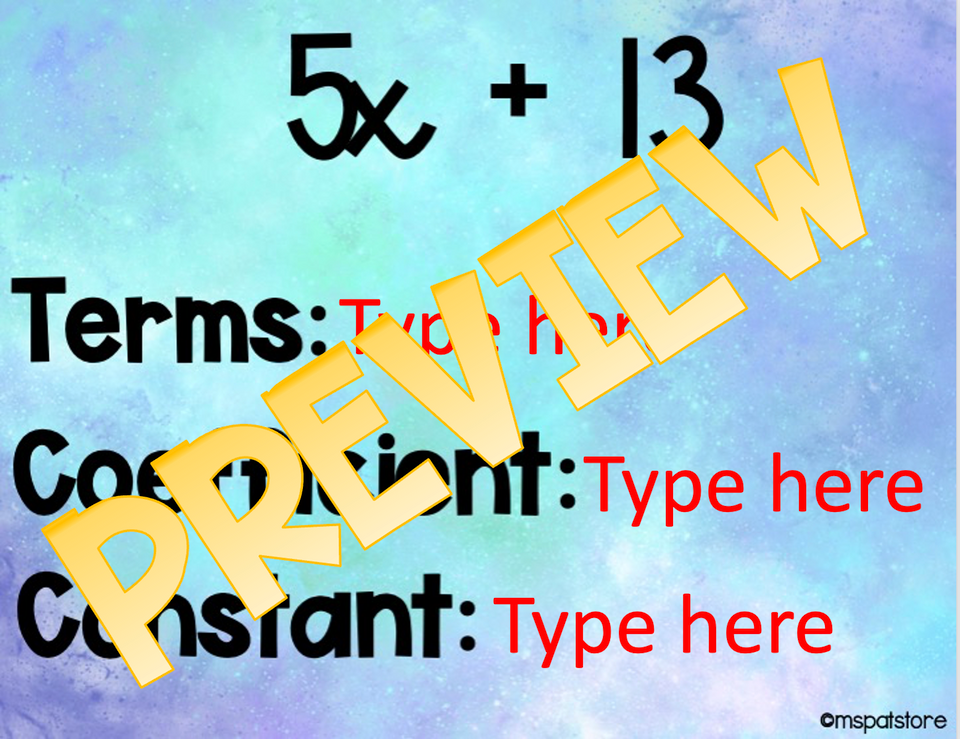 Parts of an Algebraic Expression-Guided Notes & Activities