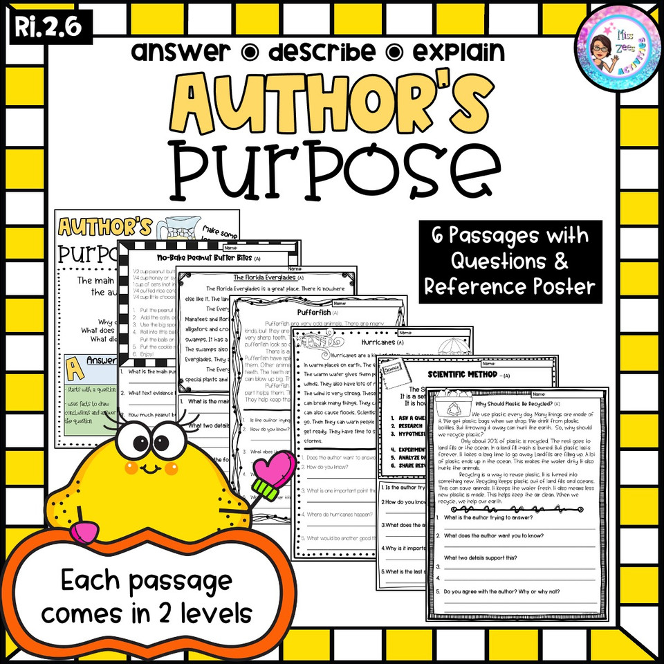 Author's Purpose Passages: RI.2.6 Answer, Describe, Explain (Printable)