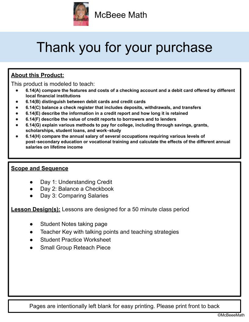 Personal Financial Literacy - 6th grade math