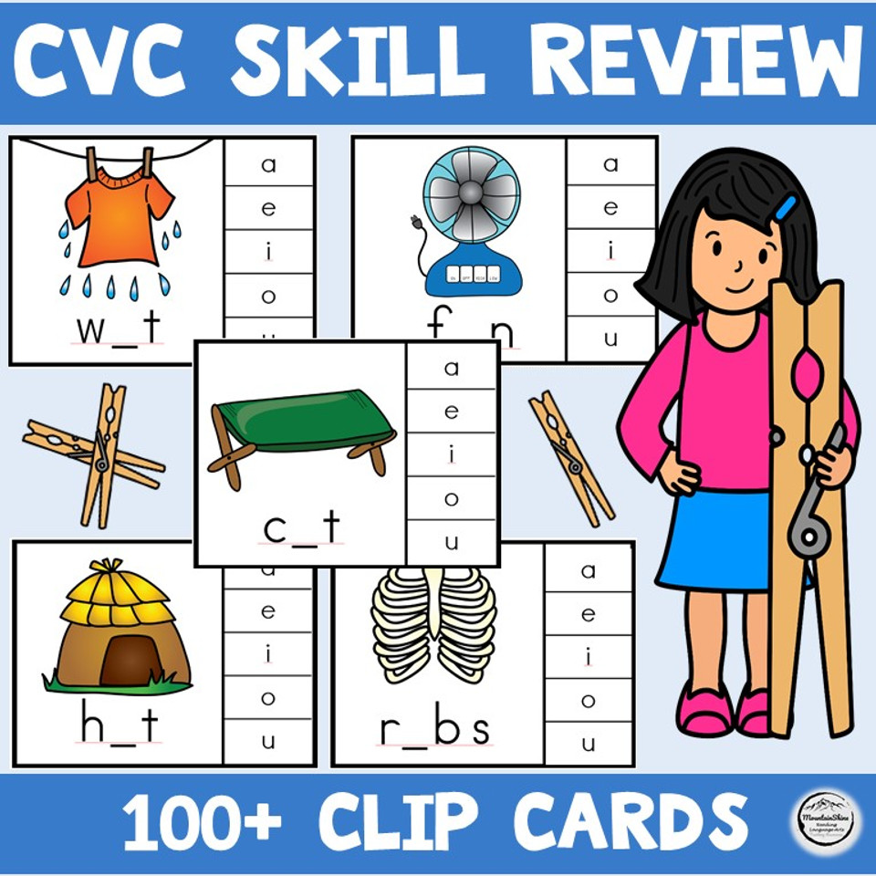 CVC Words, Short Vowels Clip Cards