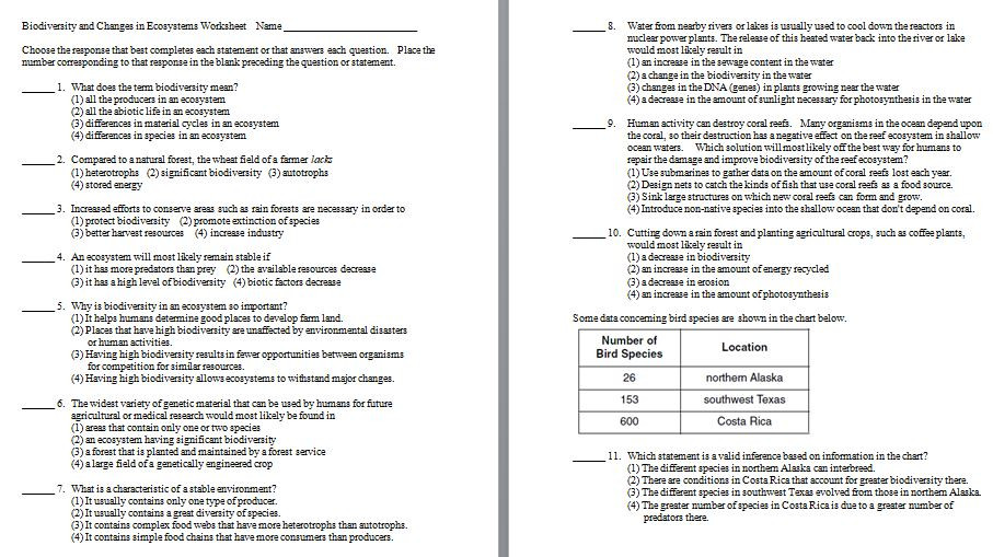 Biodiversity Worksheet Learning Activity