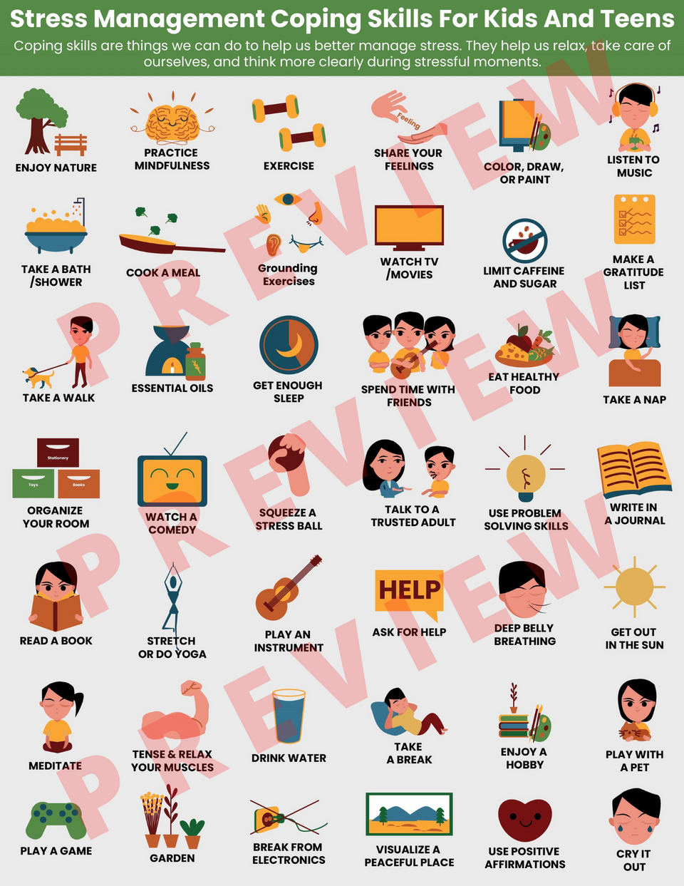 Stress Management Coping Skills Kids & Teens Printable Poster ...