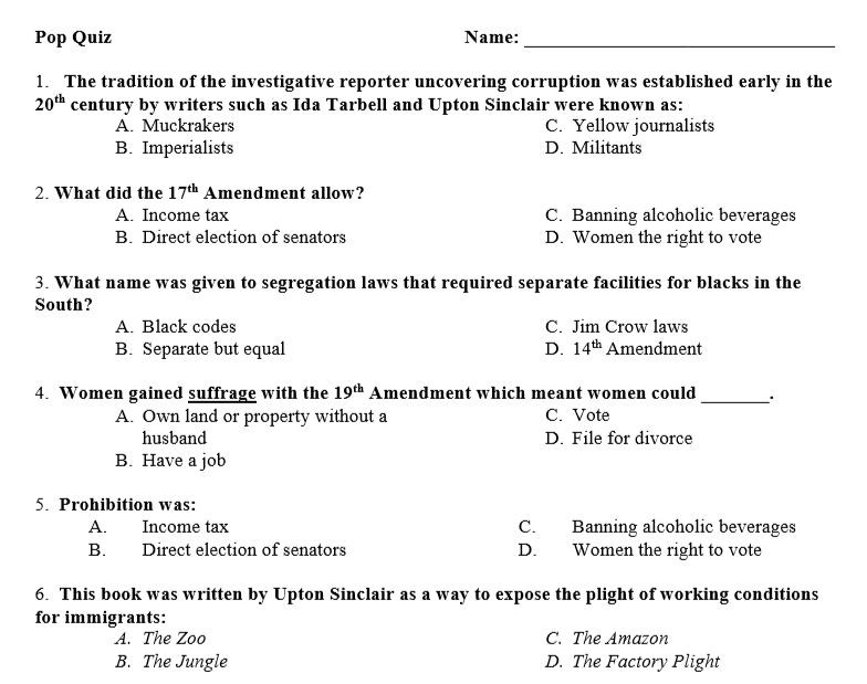 Progressive Era Vocabulary & Quiz with Key - EDITABLE - Amped Up Learning